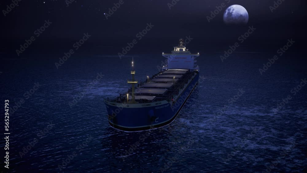 Night Cargo Ship Is Floating. Dry Cargo Ship Offshore In Open Sea ...