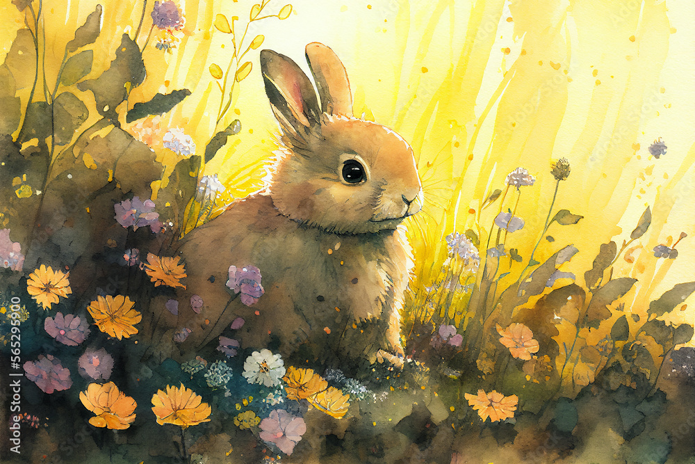 Watercolour cartoon of a cute Bunny rabbit sitting amongst flowers in a ...