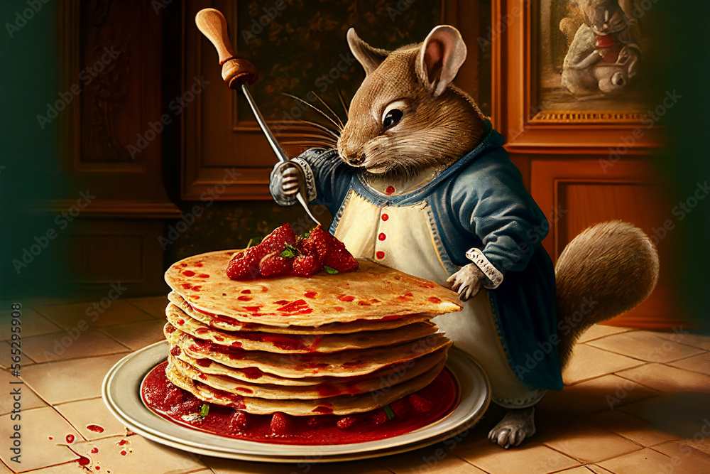 Cartoon line drawing of a cute furry animal making pancakes on Shrove ...