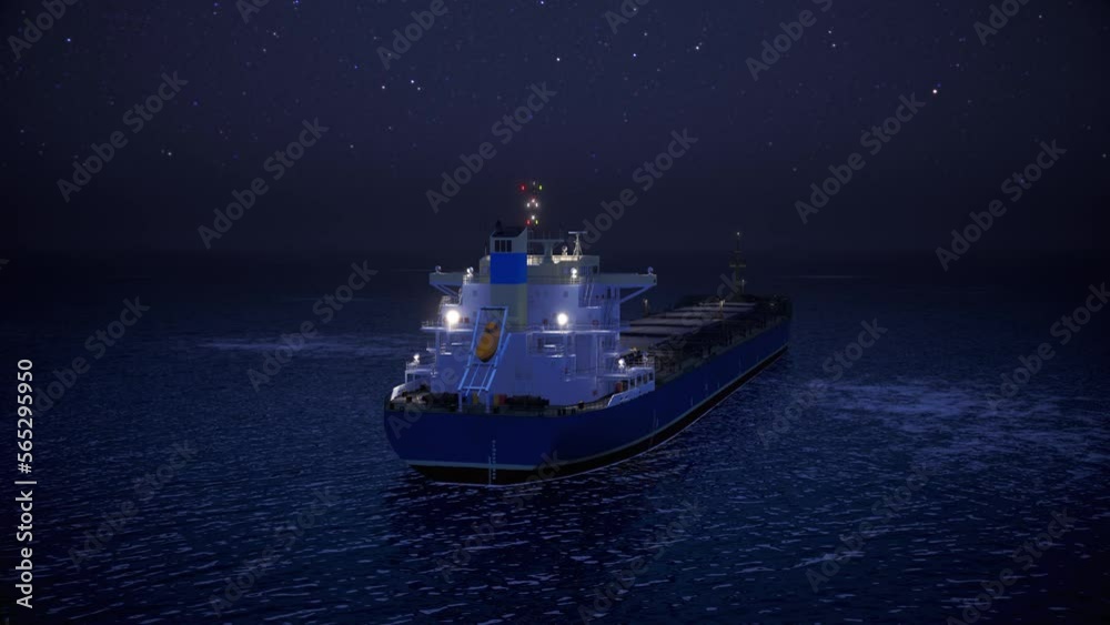 Night Oil Tanker is floating at sea oil port terminal. Oil and gas ...
