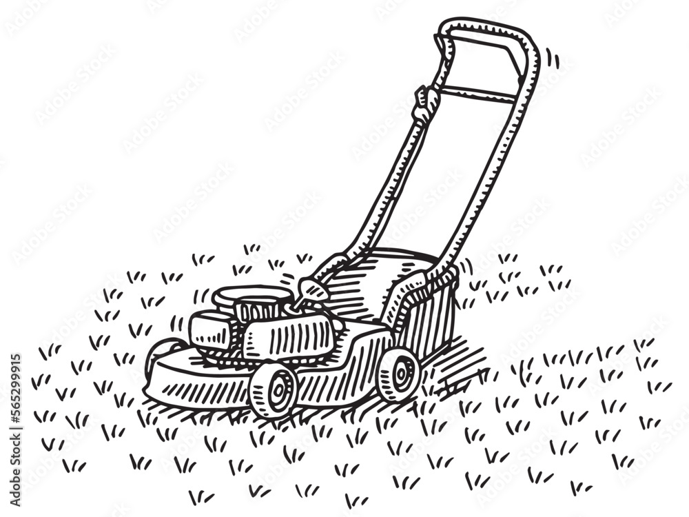 Vecteur Stock Hand-drawn vector drawing of a Lawn Mower, Gardening Work ...