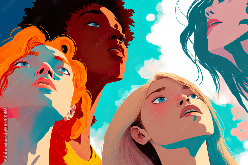 Close-up drawing of millenialls, view from below. Gen z people looking ...