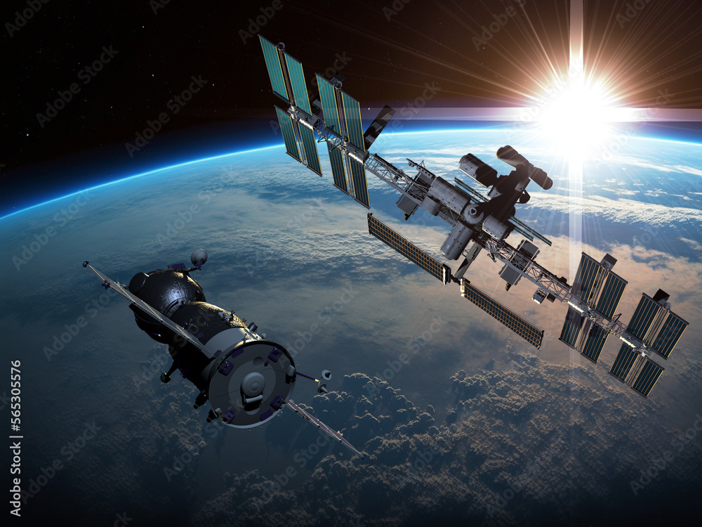 International Space Station ISS Orbiting over Earth. 3D Illustration ...