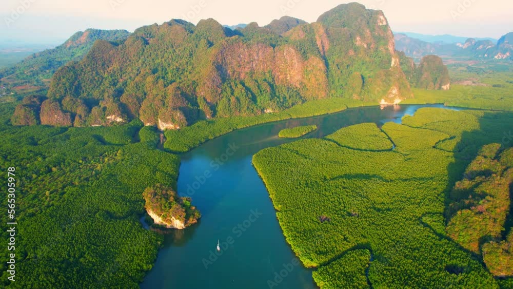 Beautiful estuary and amazing limestone mountain during sunset, Green ...