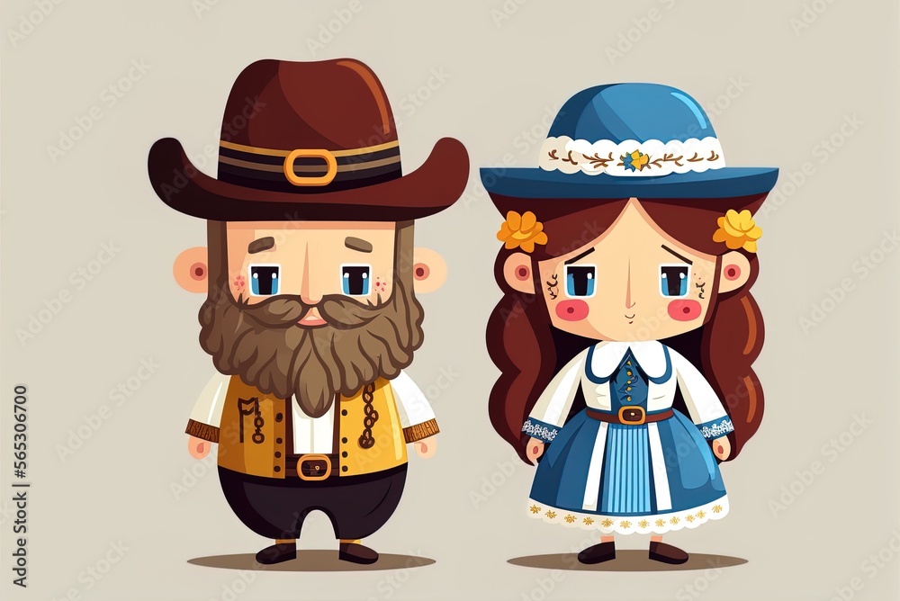 Flat cartoon depiction of men's and women's traditional Israeli garb ...