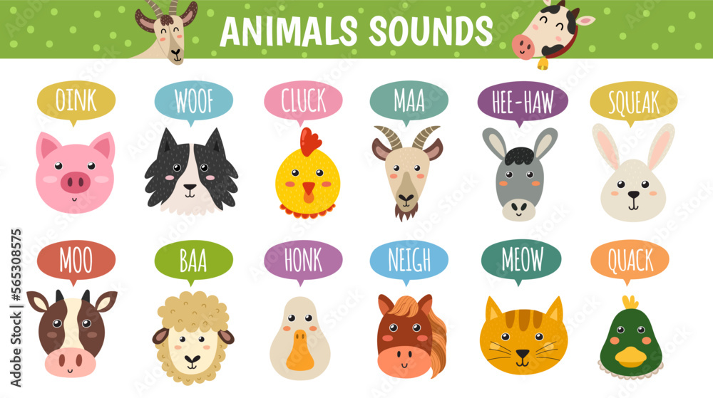 Farm animals making set in cartoon style. How do they say: cow, pig ...
