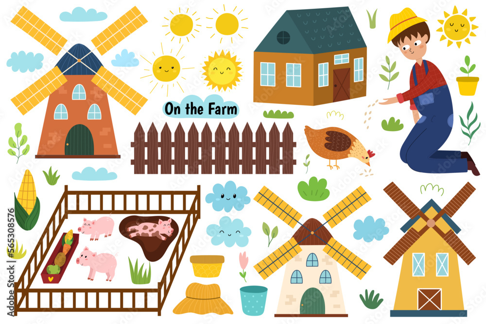 Farm set with cute animals and kids farmers. Countryside life elements ...
