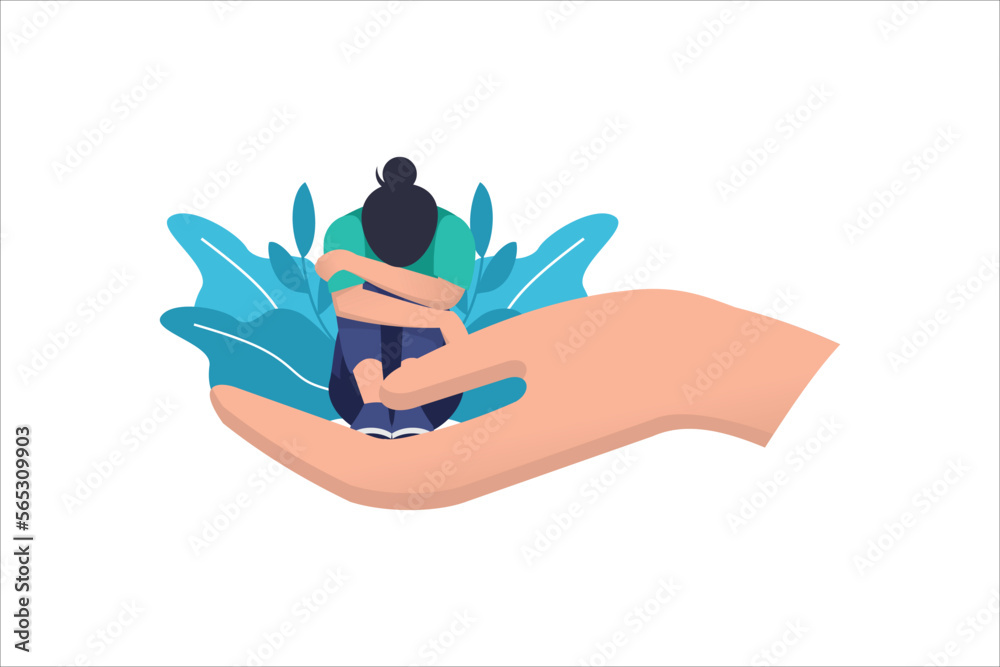 Protection for Depressed sad lonely woman in anxiety, sorrow vector ...