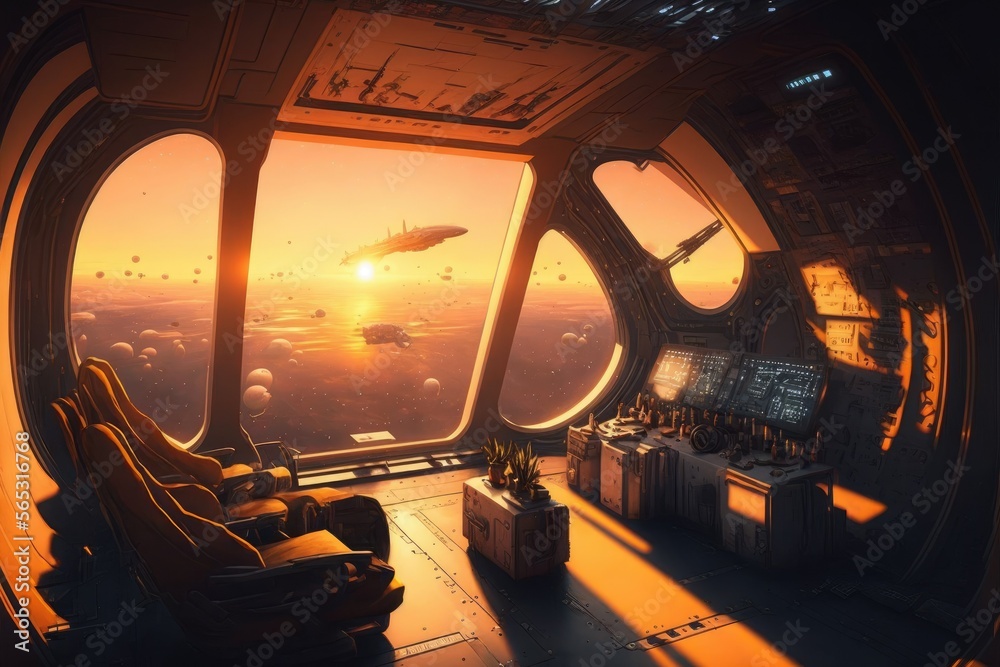 Futuristic spaceship cockpit interior. Future spacecraft control panels technology, space travel ...