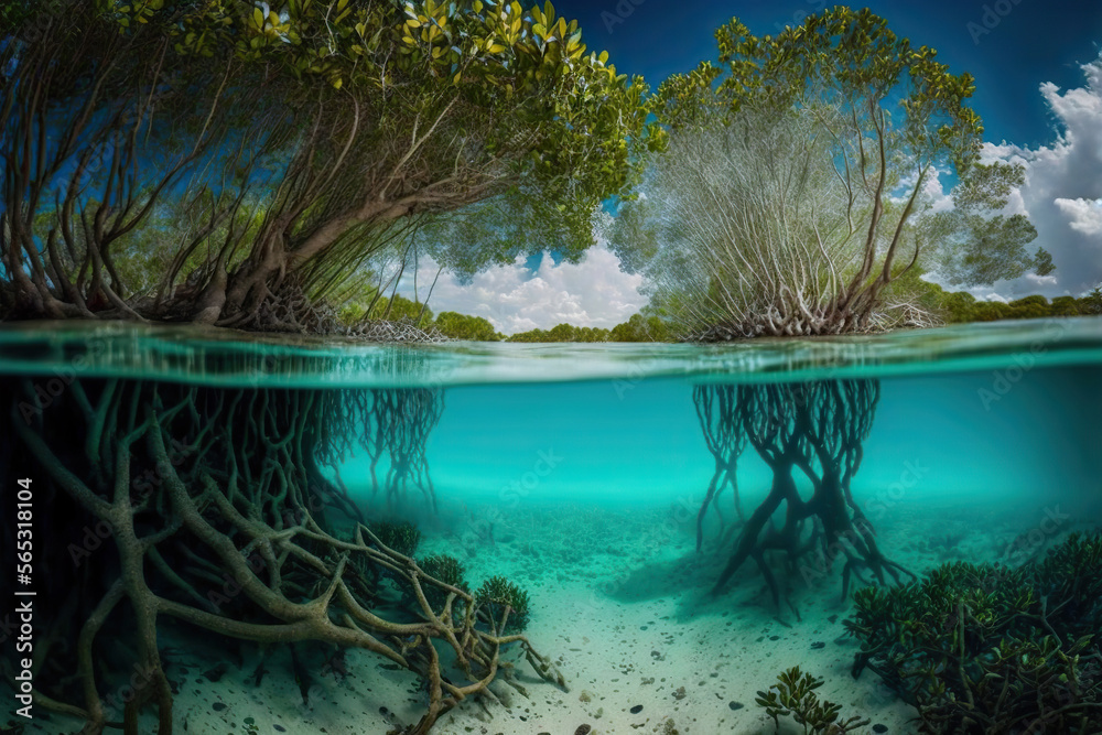 Underwater photograph of a mangrove forest with flooded trees. Based on ...