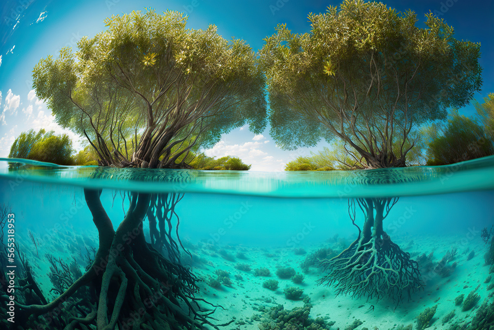 Underwater photograph of a mangrove forest with flooded trees. Based on ...