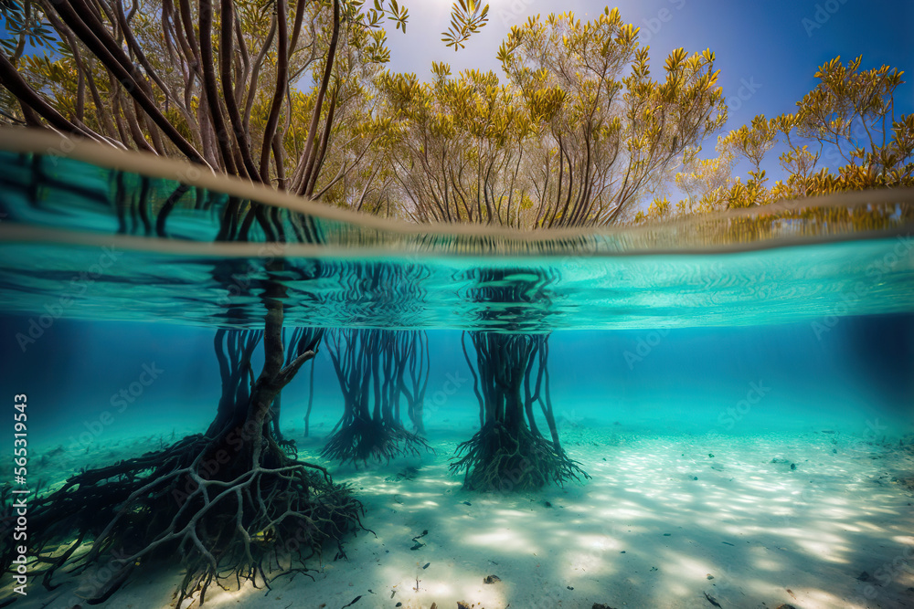 Underwater photograph of a mangrove forest with flooded trees. Based on ...