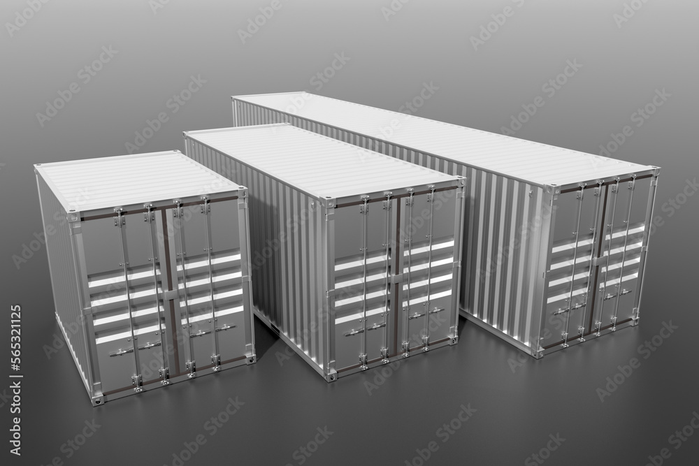 Set of 3 ship cargo containers 10 20 40 feet length. Grey metallic ...
