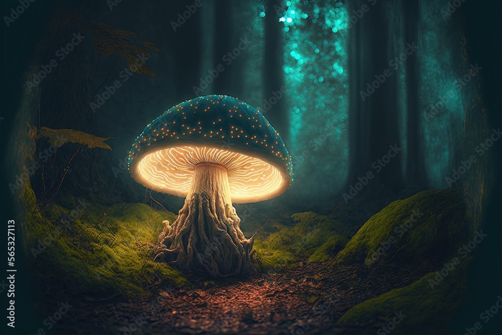 Glowing mushroom in a dark enchanted forest , Tolkien style. Generative ...