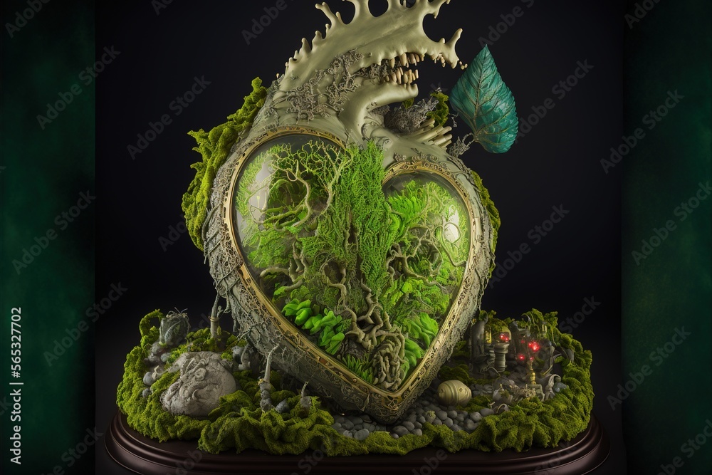 Illustration of a heart overgrown with moss. Still life of an organic ...