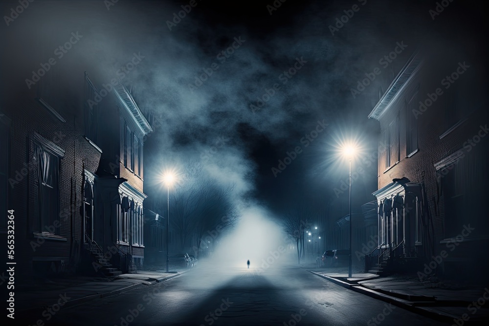 Dark empty street view, blue fog and spotlights at night. Created with ...