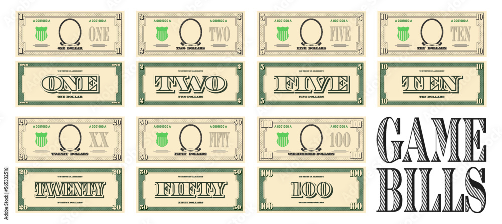 Vector set of gaming fiat money. Obverse and reverse of banknotes in ...