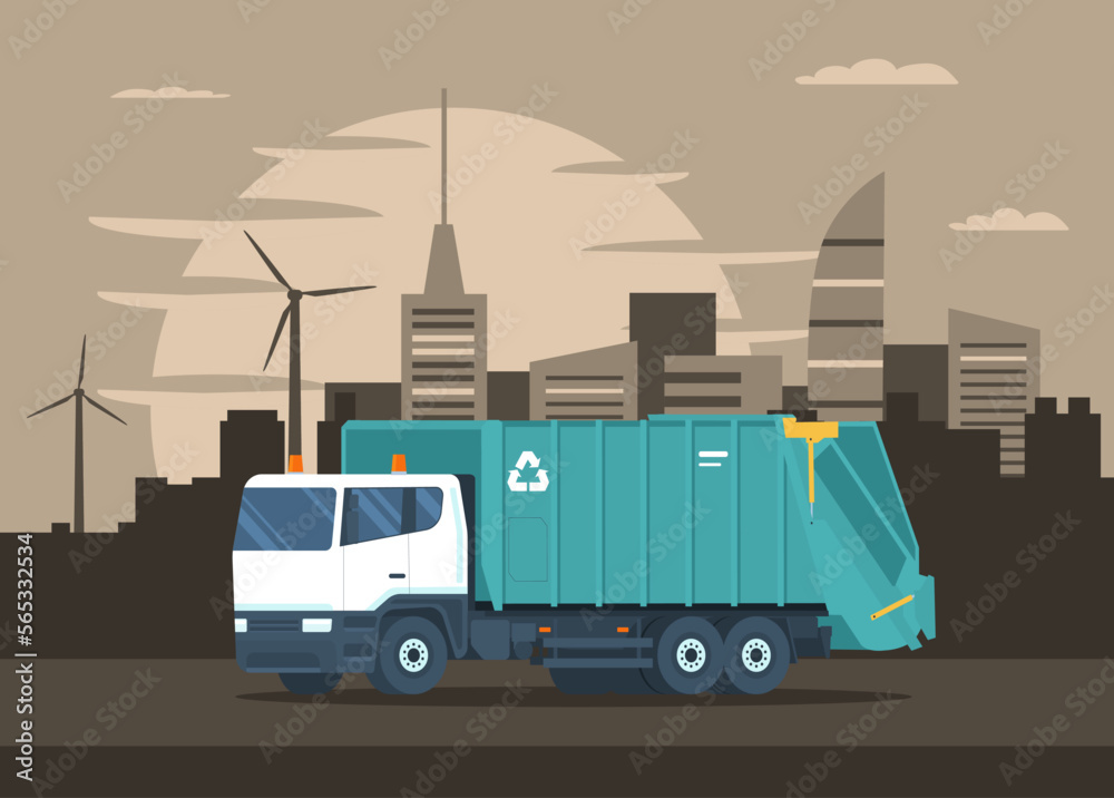 Garbage truck rides through the city. Vector illustration. Stock Vector ...