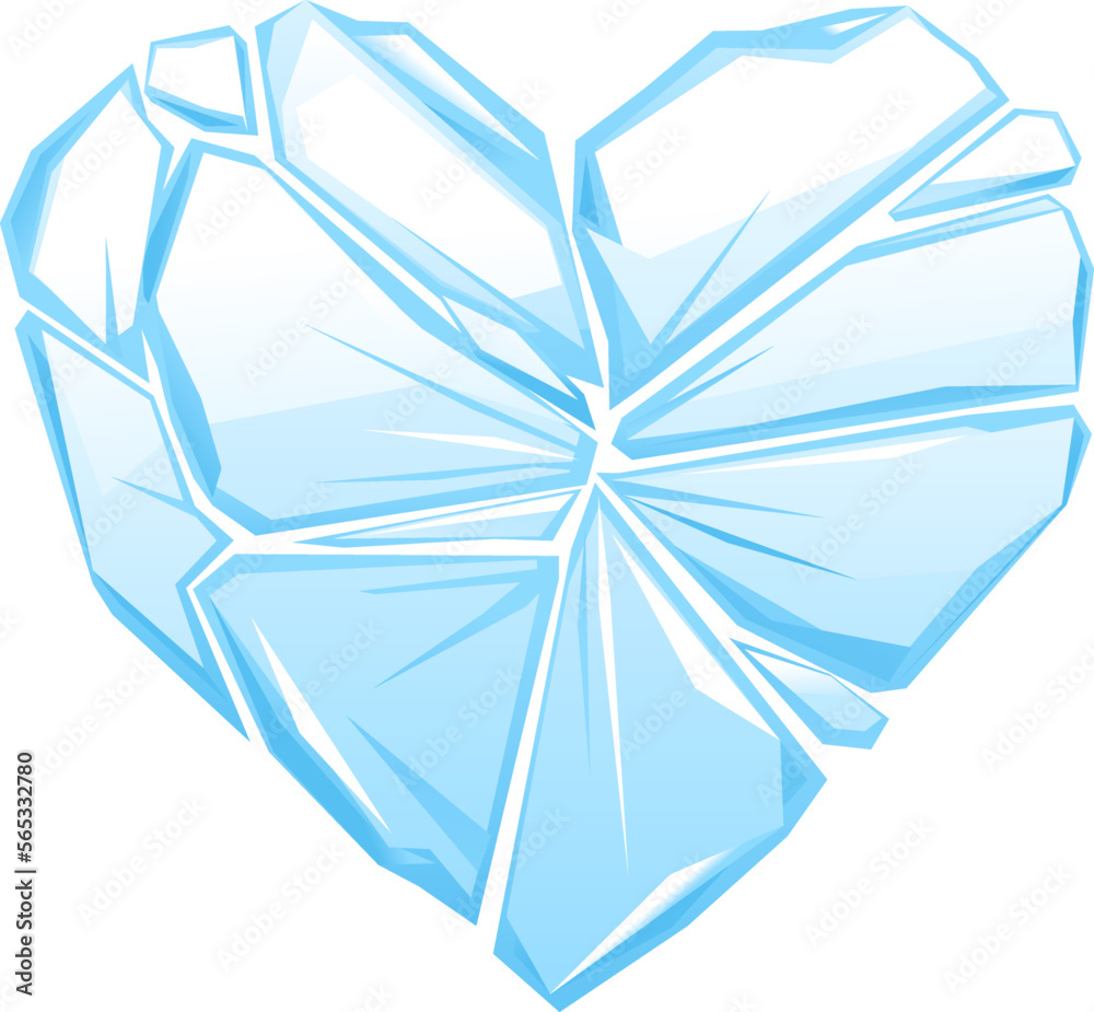 One blue broken ice heart in front view isolated illustration, cold ...