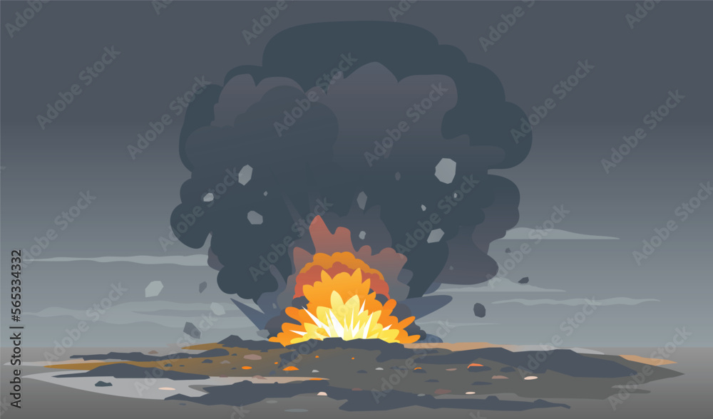 Artillery shell exploding on ground with shrapnel and black clouds ...