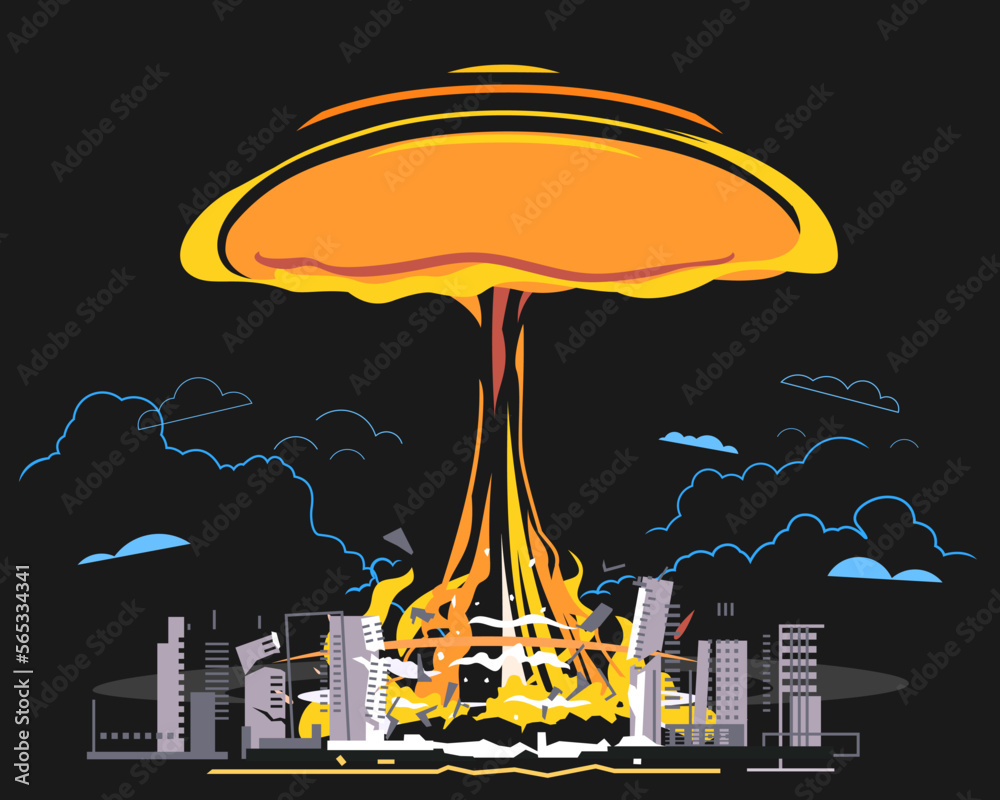 Powerful bomb blast at night in city center creative concept ...