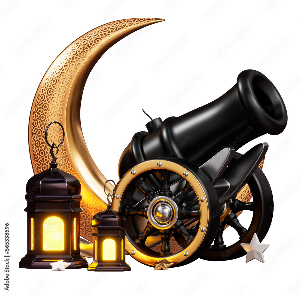 3d golden moon with ramadan cannon isolated cutout Stock Illustration ...