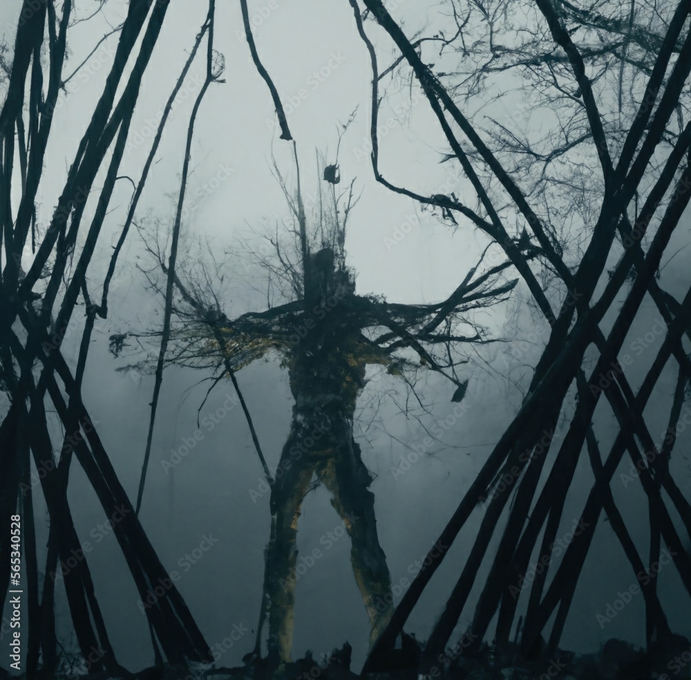 Mystic scary creature statue in forest. Scary monster made with ...