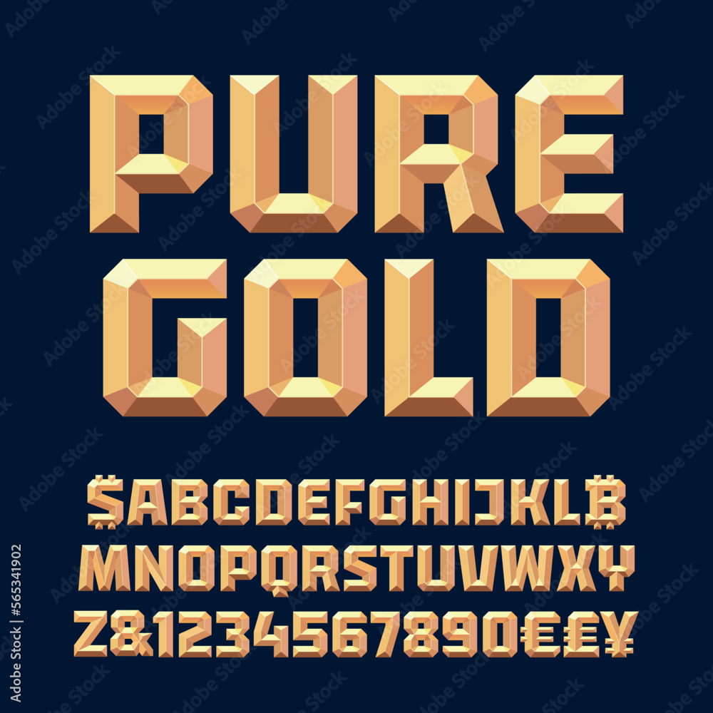 Golden metallic beveled font, alphabet, numbers and currency symbols ...