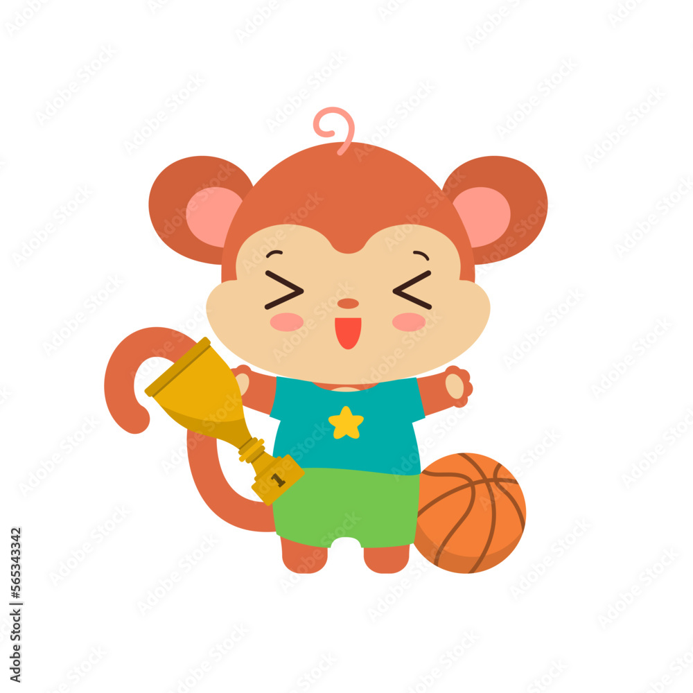 Cute chimp athlete holding award sport cup. Animal kawaii monkey school ...