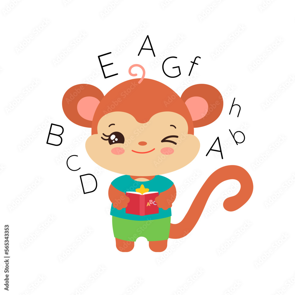 School student chimp holding a textbook. Elementary pupil little monkey ...