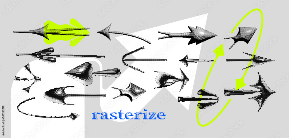 set of bizarre unusual arrows in pseudo 3d halftone style. Forms of ...
