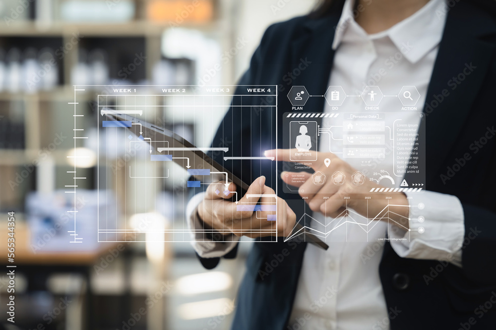 Hand businesswoman Project manager working and update tasks and Gantt ...