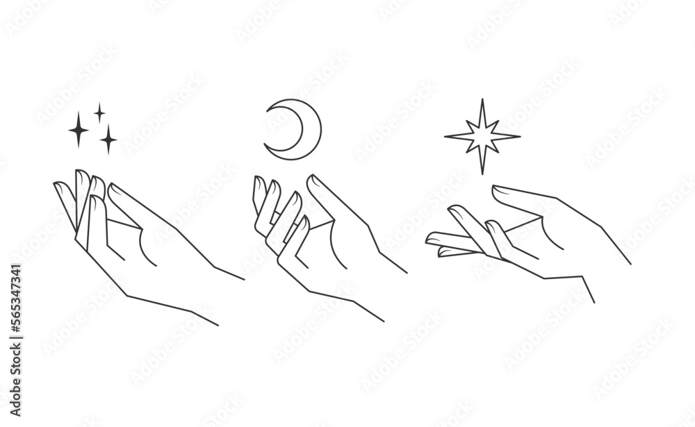 Aesthetic hands vector linear illustrations. Stylized elegant hand ...