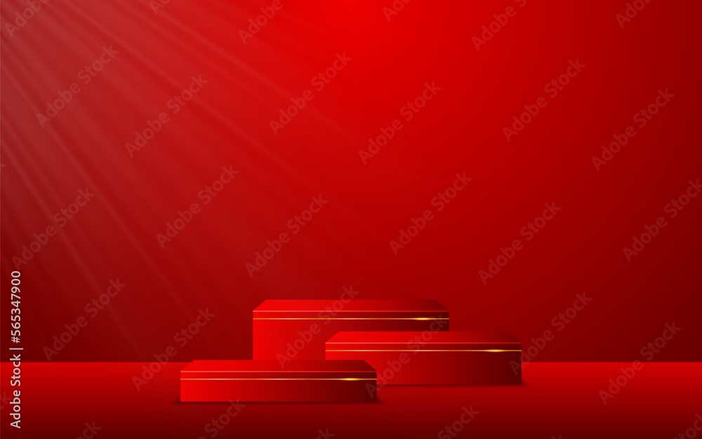 Multi-layered red podium with elegant gold lines for product ...
