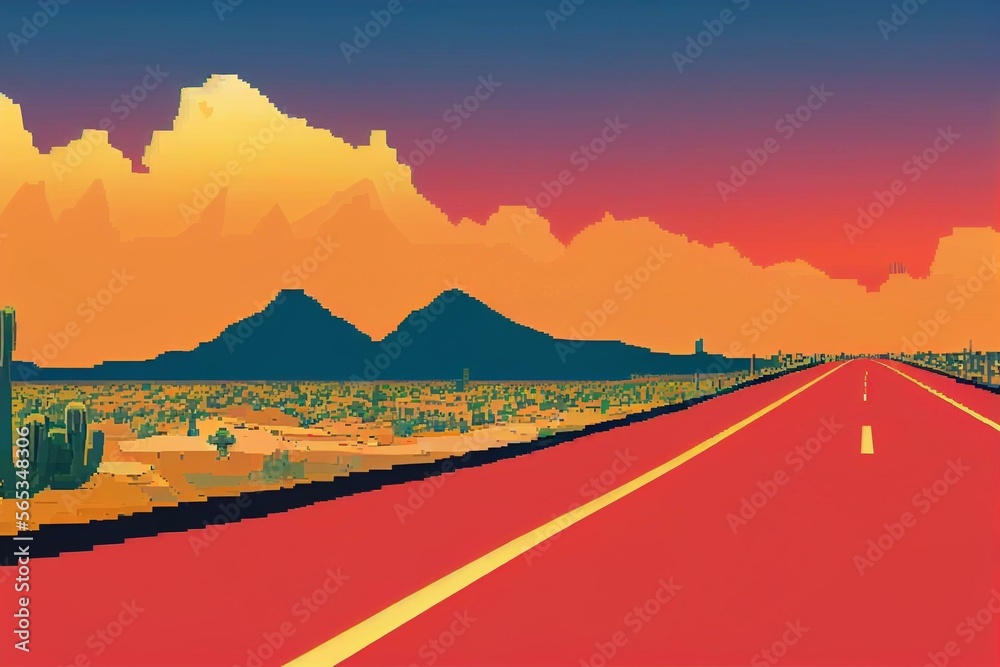 Road in the desert 8bit pixel game landscape. Indie pixel game desert ...
