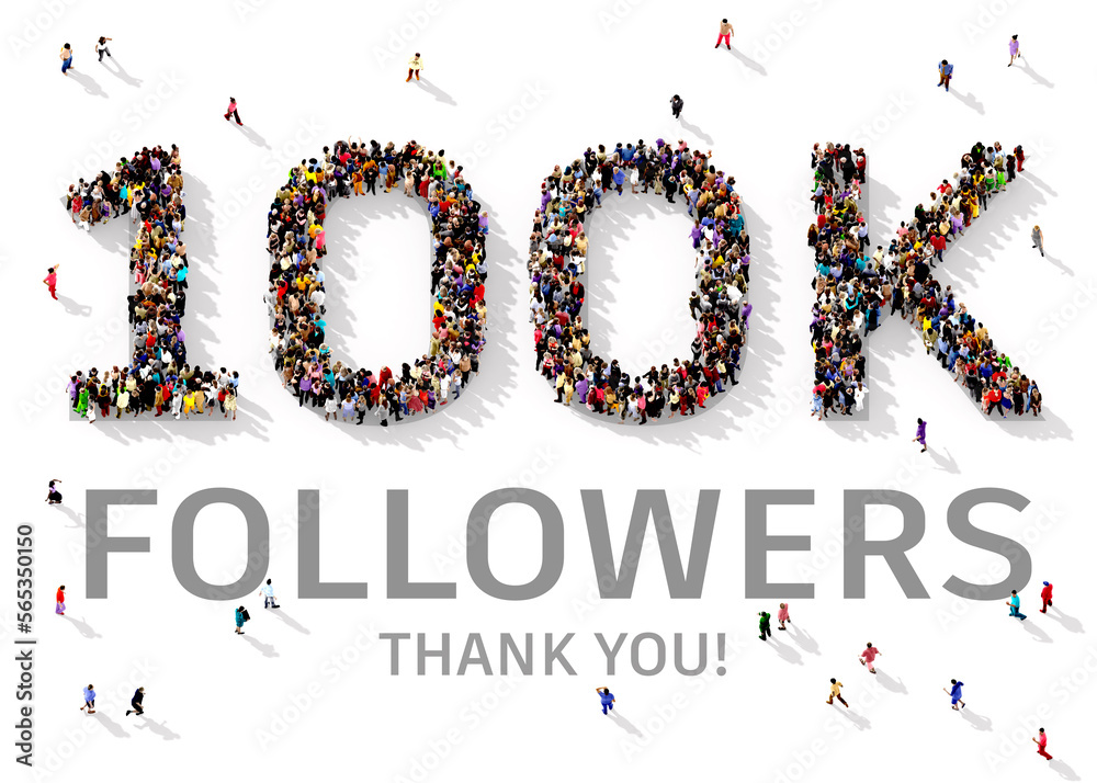 Crowd of people gathered together in the shape of "100 K followers ...