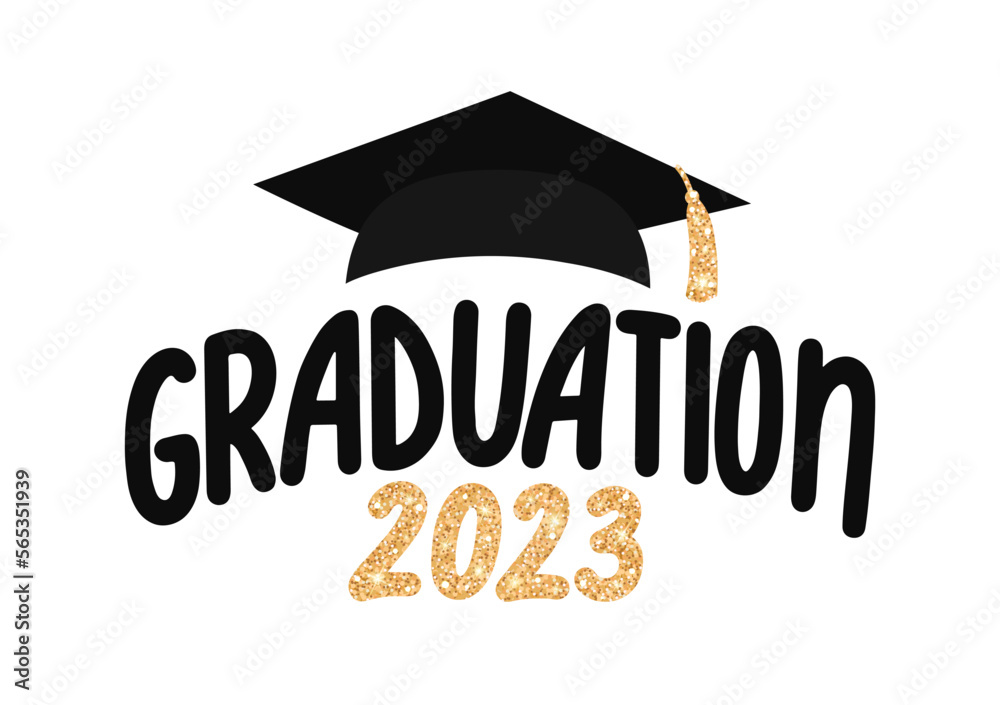 Graduation 2023. Hand drawn lettering with academic cap and golden ...