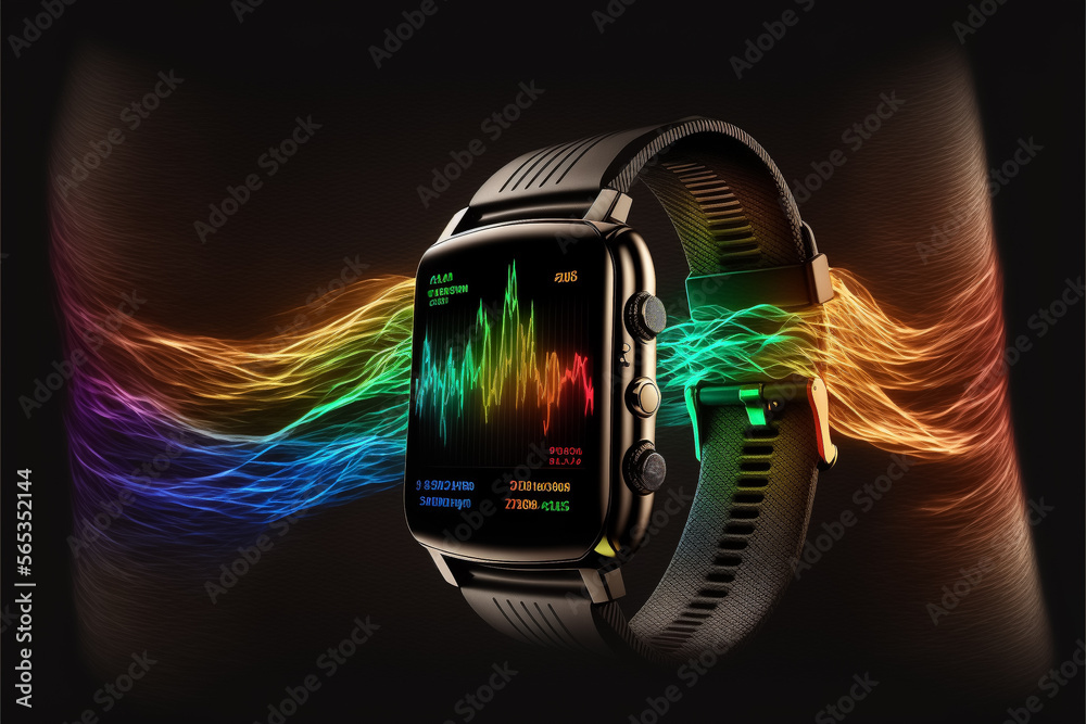 A rectangular digital smartwatch burning on fire of different colors in ...