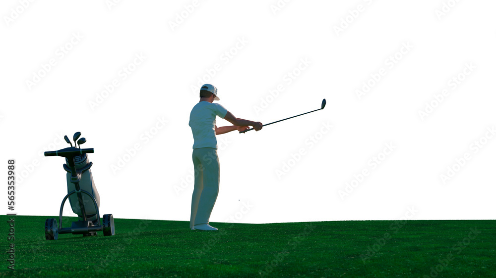 a man playing golf on a golf course 3d render Stock Illustration ...