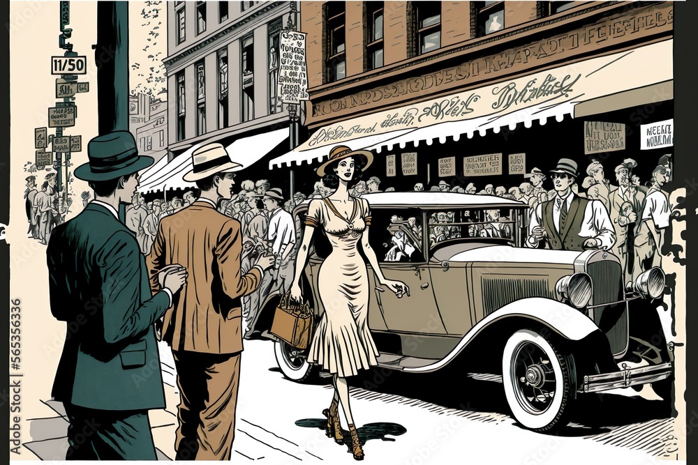 A hand-drawn illustration of a bustling city street in the 1920s, with ...