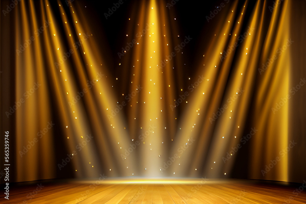 Gold theater curtain stage opening with spotlight performance lights ...