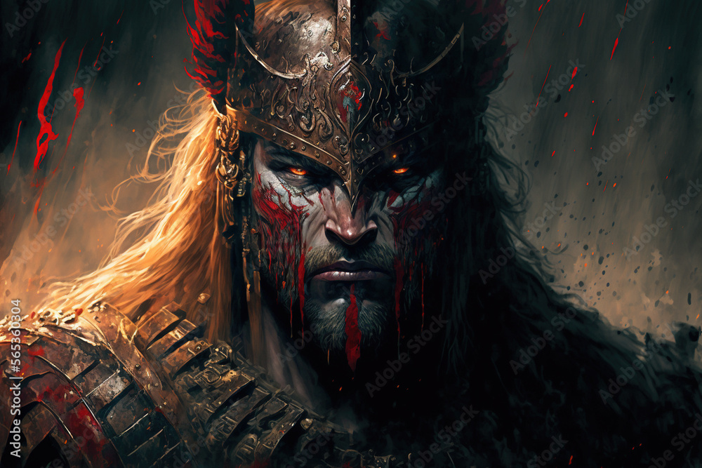 Victorious warrior covered in blood, Looking enemy into the eyes ...