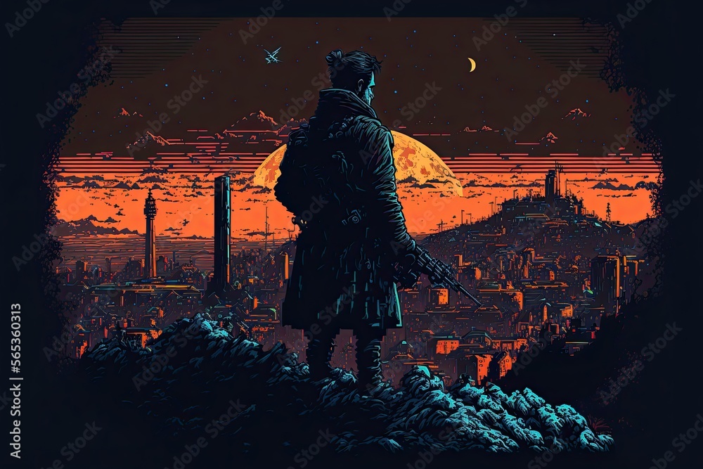 a futuristic soldier standing with a rife on a hill by nightime and ...