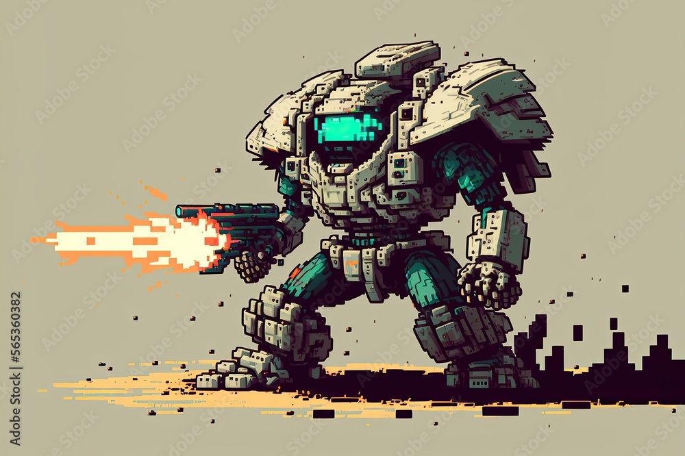 a massive battle robot firing his gun, mechwarrior style, retro design ...