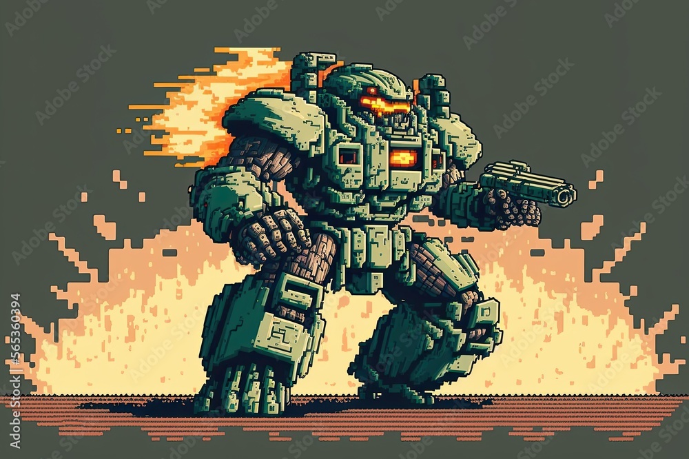 a huge battle robot in mechwarrior design, computer game art, c64, ai ...