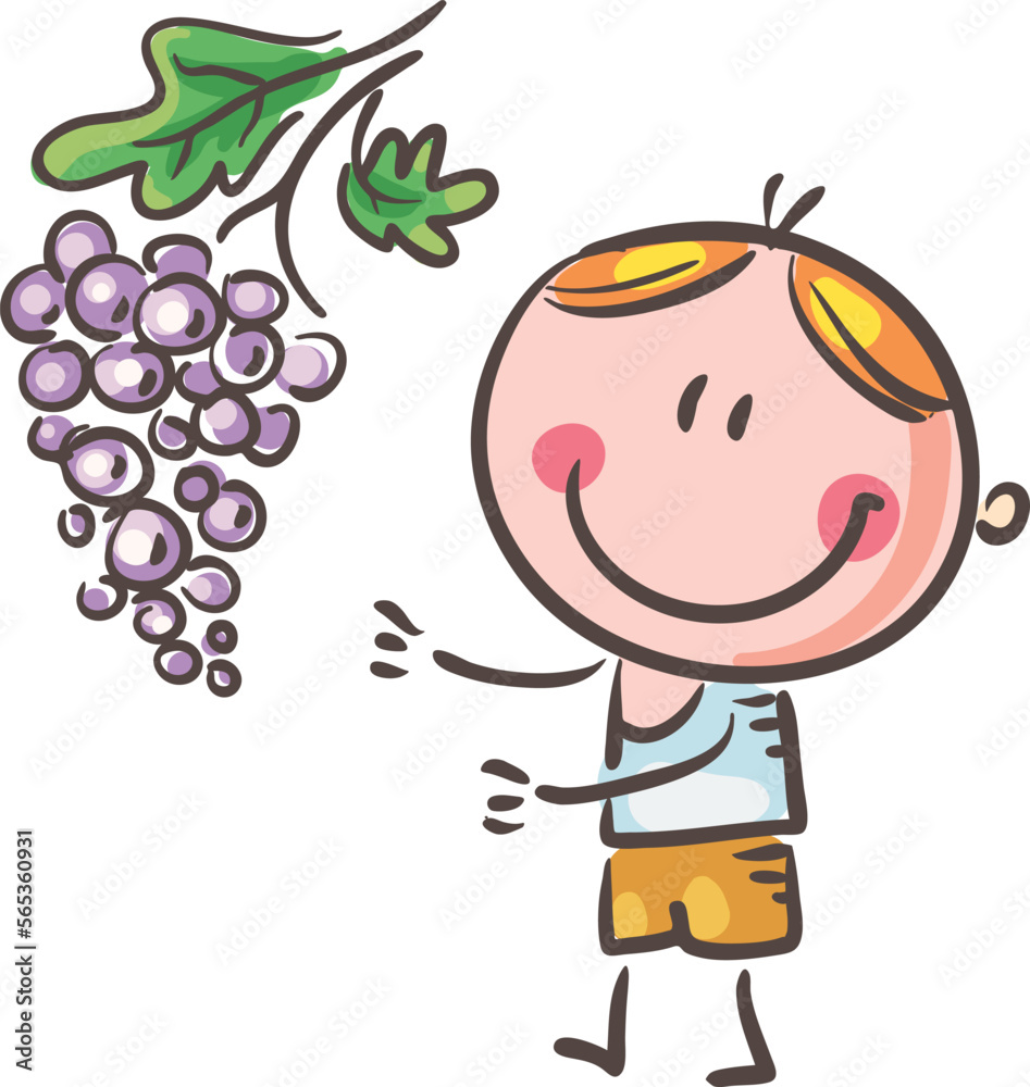 Cartoon doodle boy with grape. Kid clipart. Vector illustration. Stock ...