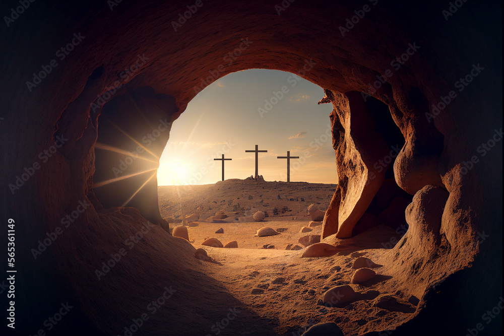 Empty tomb at sunrise. Easter concept created with generative Ai ...