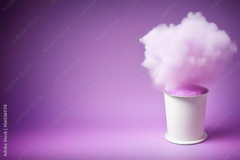 White cup with pink floating cotton candy cloud concept on a purple ...