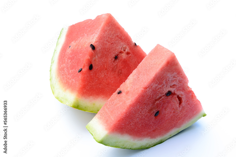 Dos trozo de Sandías citrullus lanatus aislados en fondo blanco ...
