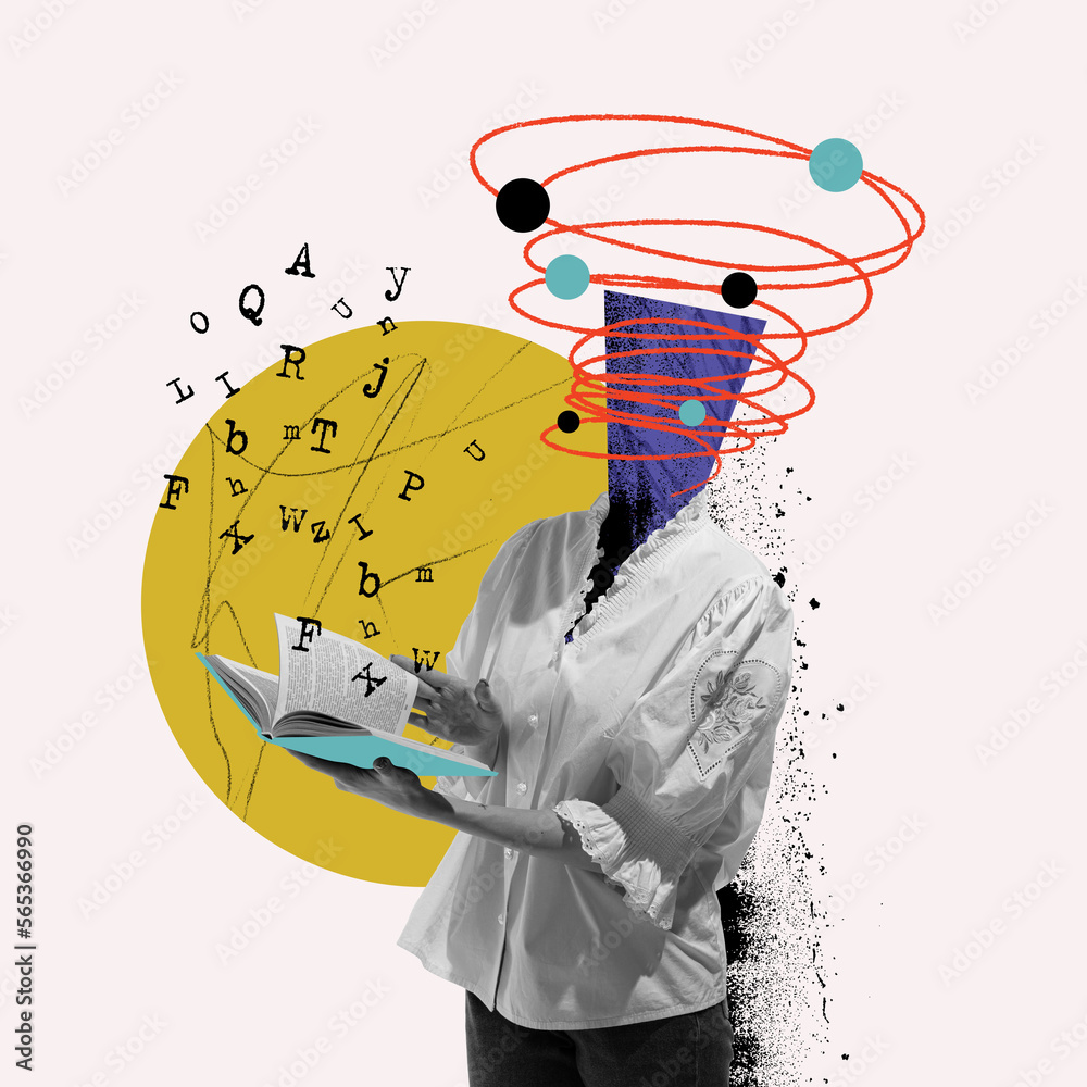 Learning activity. Woman in shirt reading book. Endless education ...